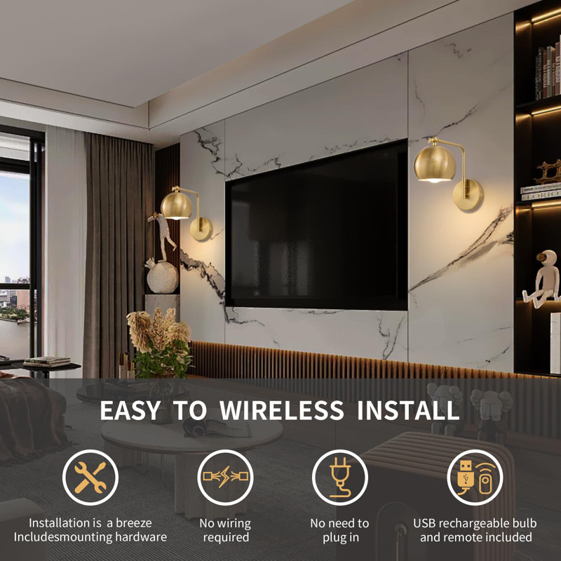 Everly Quinn Gold Battery Operated Wall Sconces Set of 2 | Wayfair